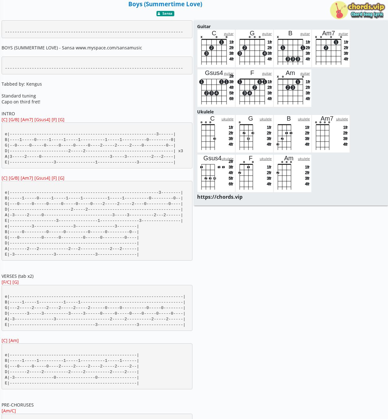 Chord: Boys (Summertime Love) - tab, song lyric, sheet, guitar, ukulele ... Chord: Boys (Summertime Love) - tab, song lyric, sheet, guitar, ukulele ...