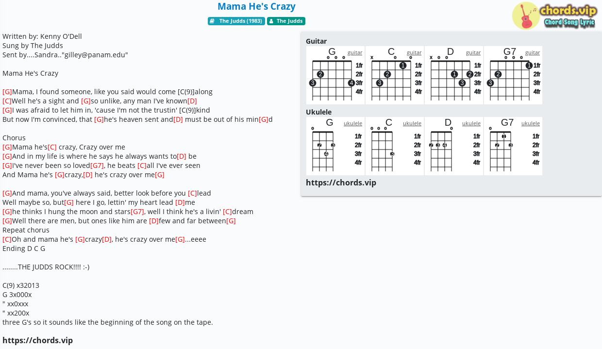 Hợp âm: Mama He's Crazy - cảm âm, tab guitar, ukulele - lời bài hát ... Hợp âm: Mama He's Crazy - cảm âm, tab guitar, ukulele - lời bài hát ...