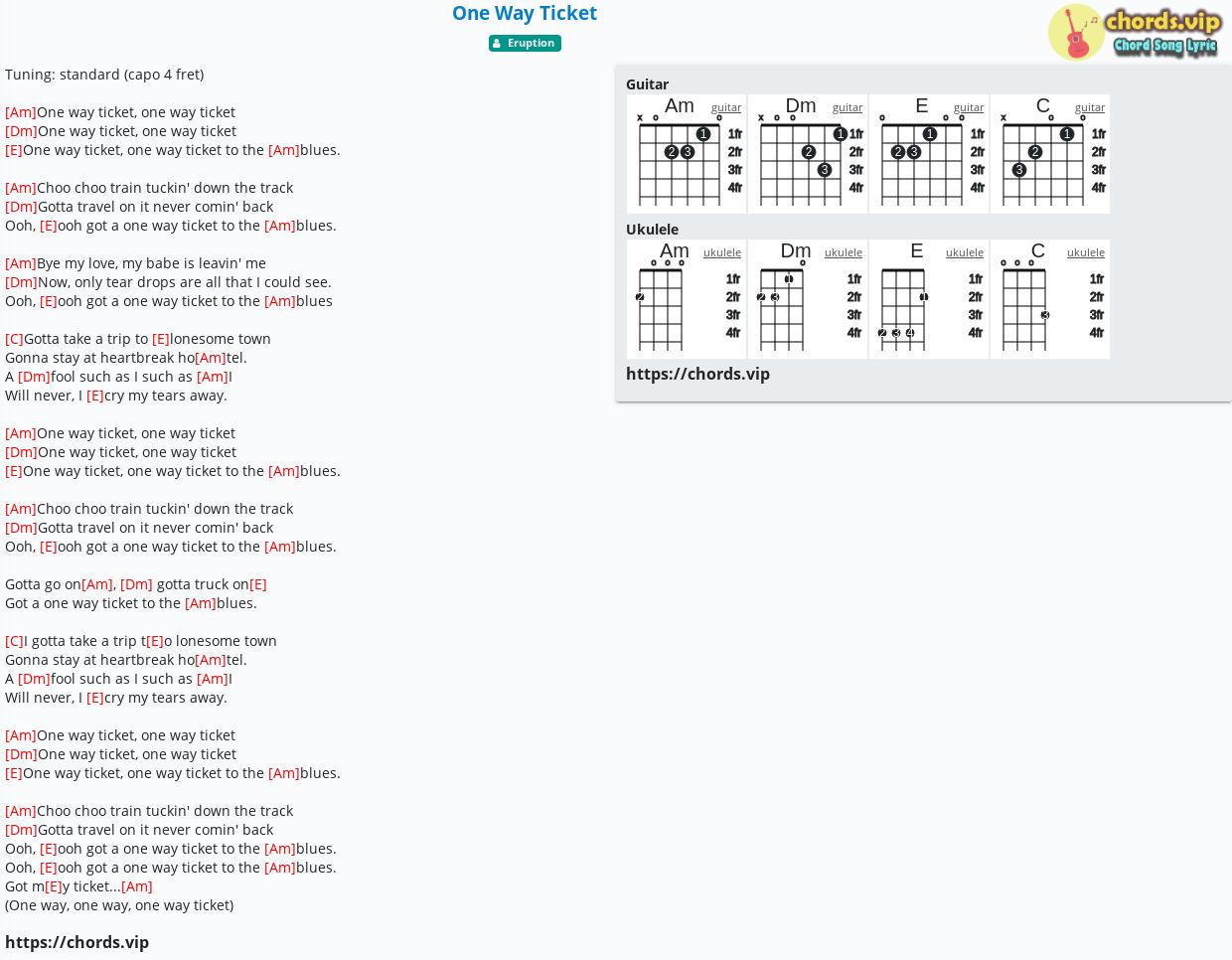 Chord: One Way Ticket - tab, song lyric, sheet, guitar, ukulele ... Chord: One Way Ticket - tab, song lyric, sheet, guitar, ukulele ...